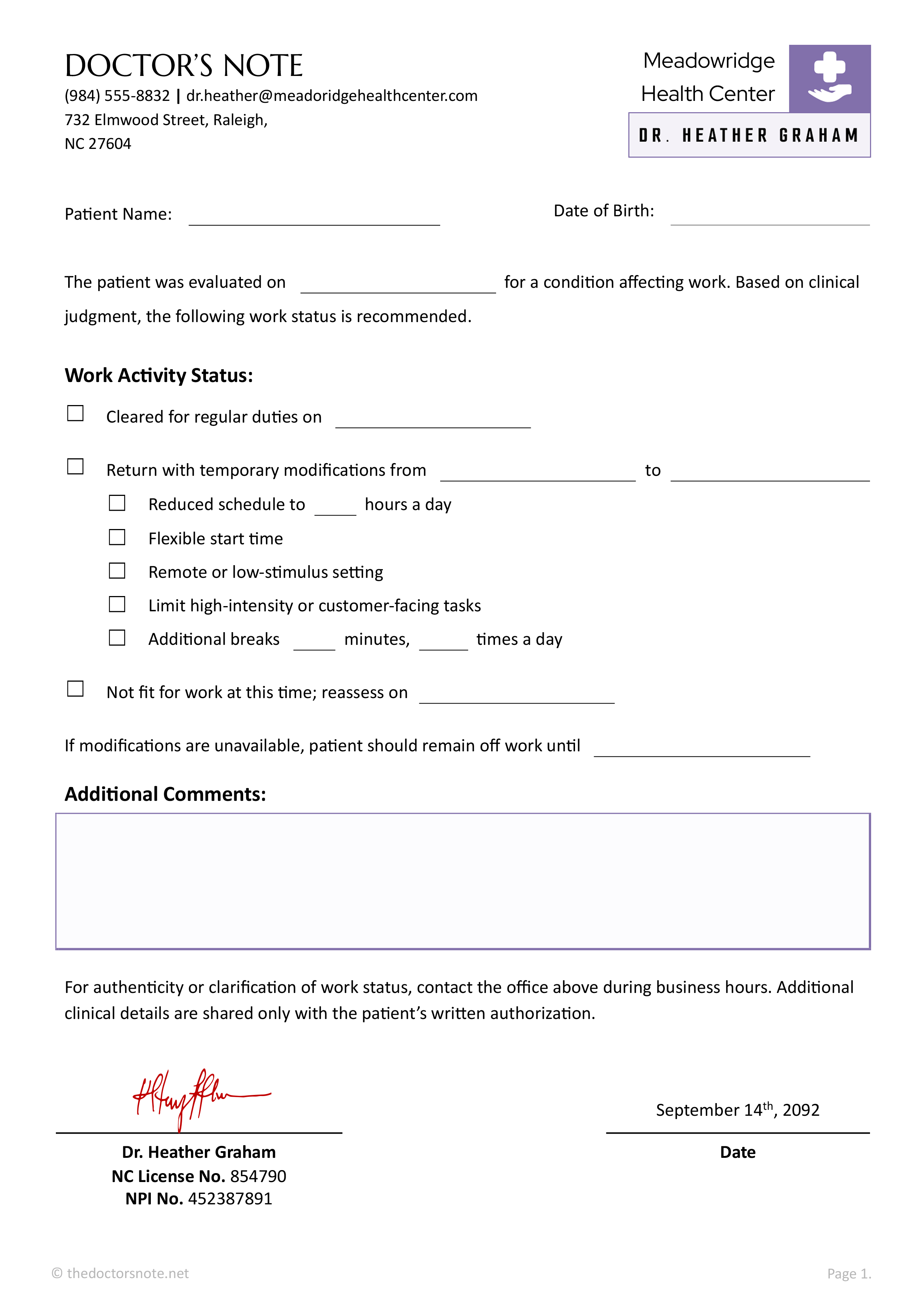 Doctor’s Note for Work Restrictions - Edit & Print