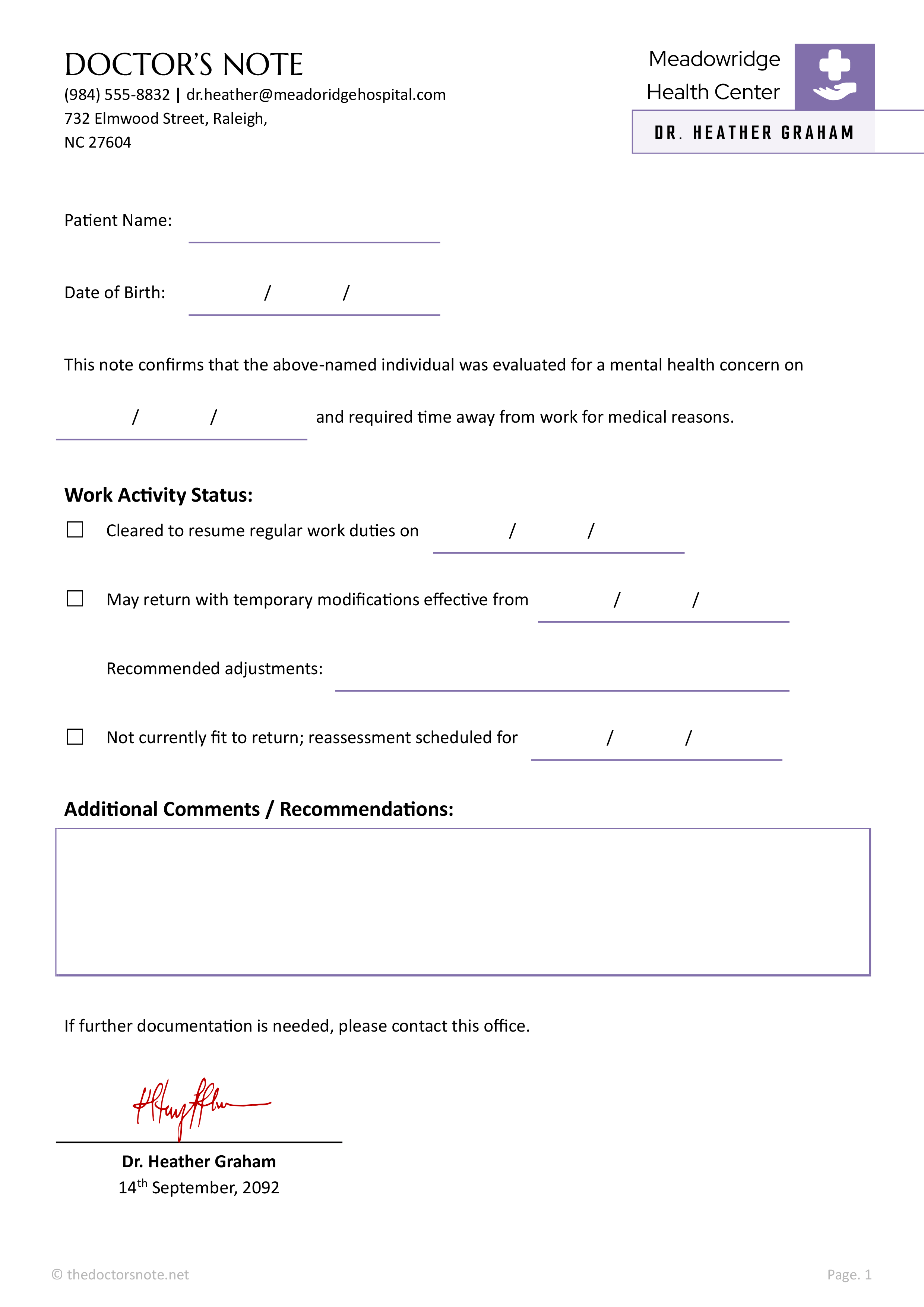 Mental Health Doctor's Note for Work - Word | Google Docs - TDN