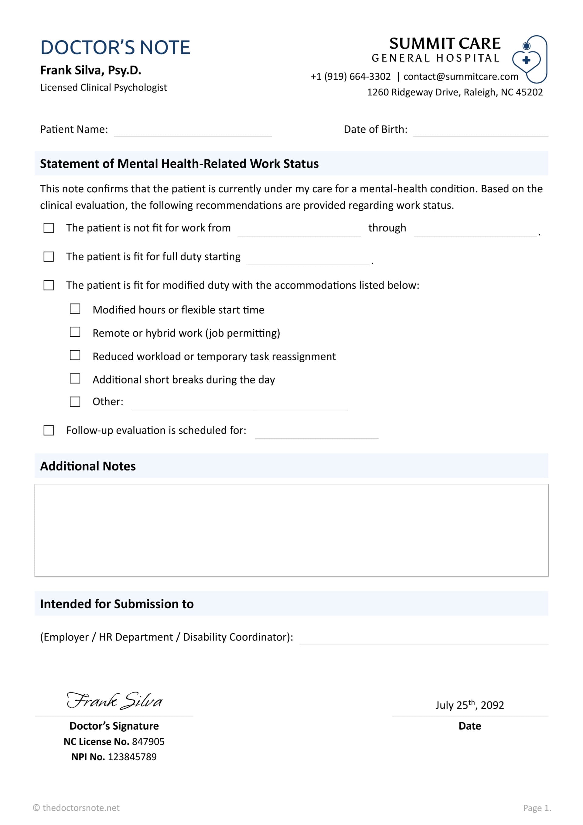 Mental Health Doctor's Note for Work - Word | Google Docs - TDN