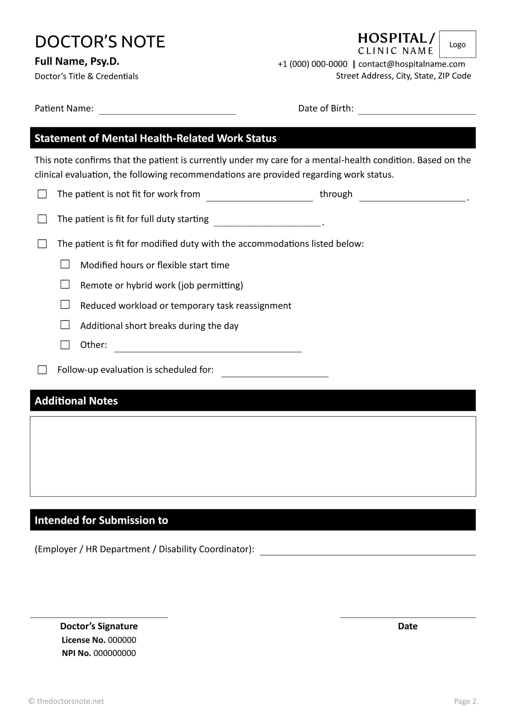 Mental Health Doctor's Note for Work - Word | Google Docs - TDN