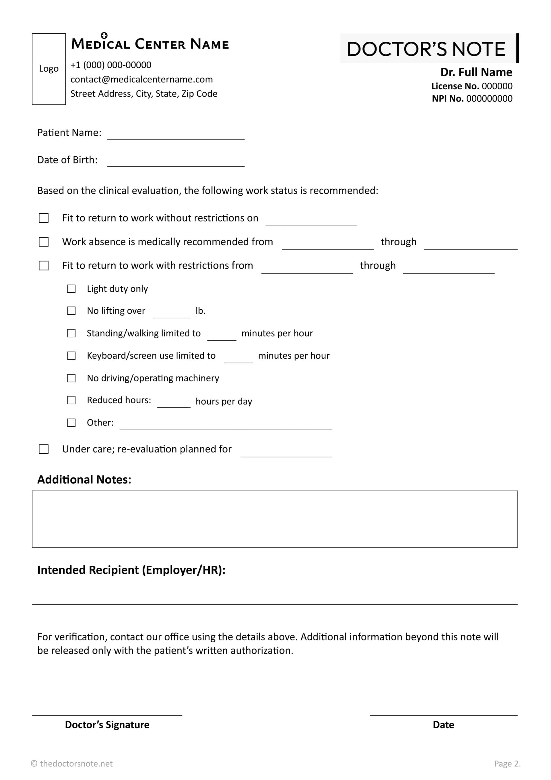 Urgent Care Doctors Note for Work (Word | Google Docs) - TDN