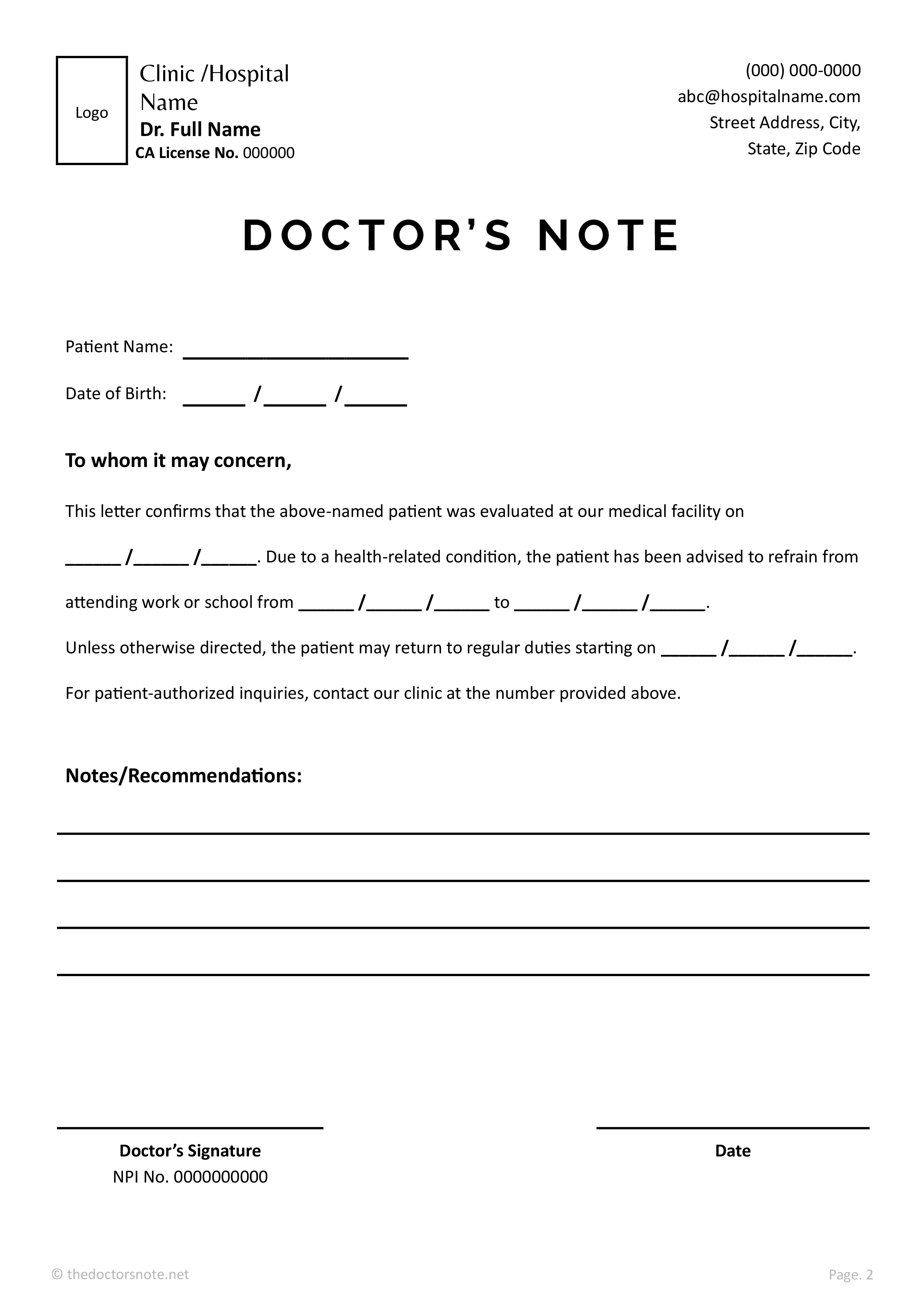 Doctor’s Sick Note Template - Edit & Print