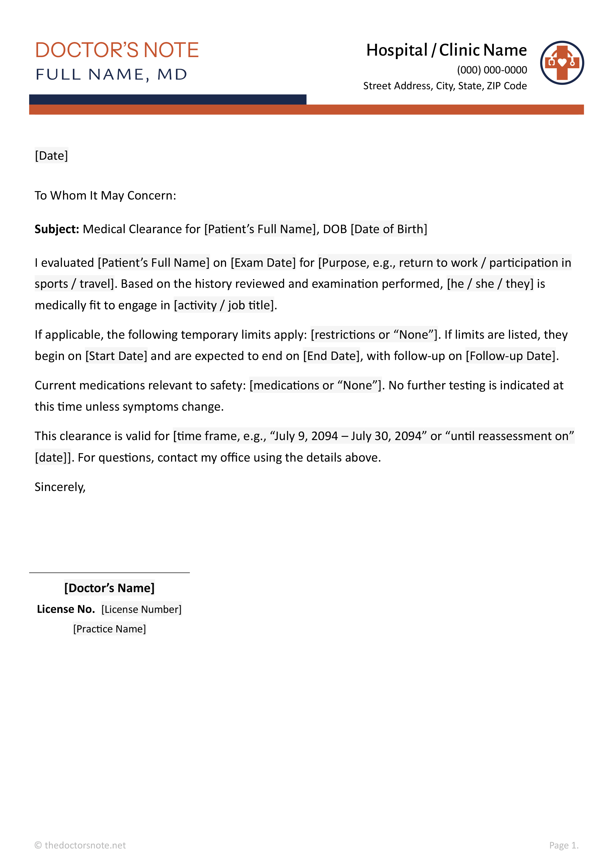 Medical Clearance Letter (Word | Google Docs) - TDN